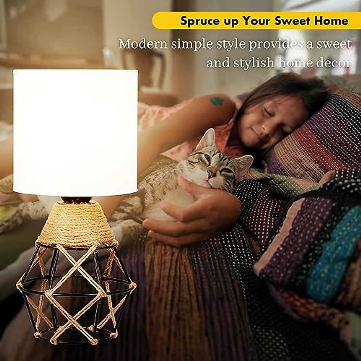 Hamilyeah Boho Lamp, Woven Table Lamp for Nightstand with On/Off Switch, Bedroom Lamp with White Fabric Shade, Simple Lamp for Bedside, Living Room