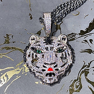 8mm Miami Cuban Link Chain Bengal Tiger Big Custom Cuban Pendant Iced Diamond cz Men Women 925 Italy Men's Choker Chain, 14k White Gold Silver Miami Cuban 6mm Chain Necklace Choker, Diamond Pendant (22" Chain Pendant)