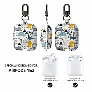 wenew Leather Case for AirPods 1 & 2, AirPods 2 case with snap Closure AirPods Leathe case for Women with Clip (Dino)
