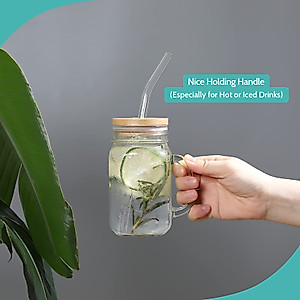 Mason Jars with Handle, Glass Mugs with Glass Straws and Bamboo Lids & Colorful Airtight Lids 4pcs Set - 16oz Old Fashioned Drinking Glass Cups, Reusable Travel Tumbler for Iced Coffee, Smoothie, Tea
