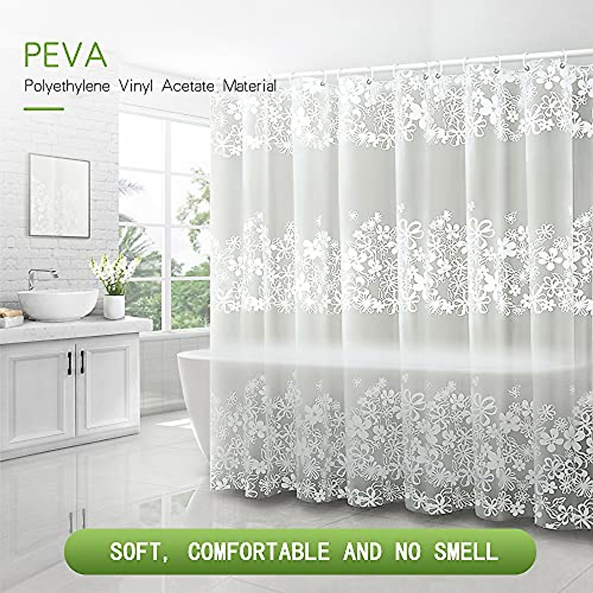 FYY Shower Curtain Liner, 72 Inch Waterproof PEVA Shower Curtain Liners with Metal Grommets and 12 Plastic Hooks Thick Bathroom Plastic Shower Curtain Liner-Flower