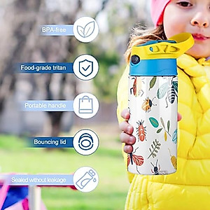 Stainless Steel Water Bottles Bright Insect Pattern Travel Water Cups with Handle And Silicone Straw Drinking Cup with Leak Proof Lid Thermo Travel Mug for Women Men
