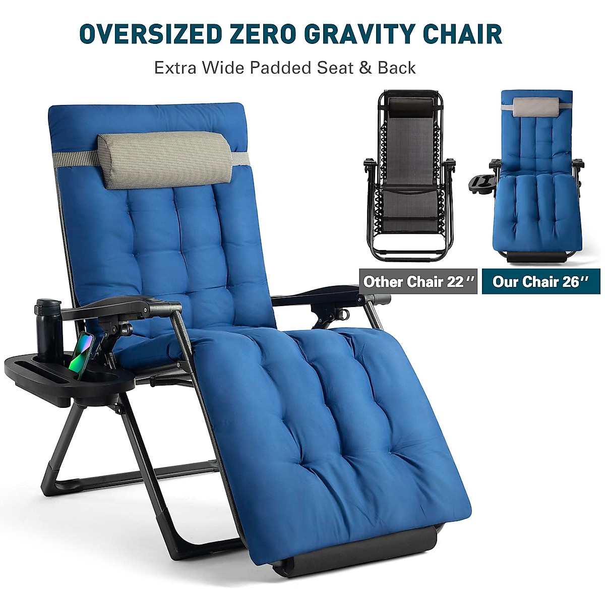 Artist hand Zero Gravity Chair, Oversize XL Outdoor Anti Gravity Chairs, Lawn Chaise, Patio Lounge Folding Adjustable Recliner with Detachable Soft Cushion, Adjustable Headrest, Foot Pad & Cup Holder