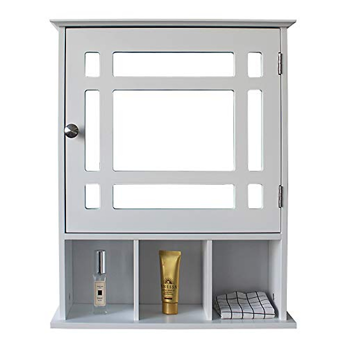lvssiao Bathroom Wall Mirror Medicine Cabinet, Single Door Three Compartment Storage Bathroom Cabinet MDF Spray Paint White Bathroom Wall Cabinet, 18.90 x 6.50 x 23.63