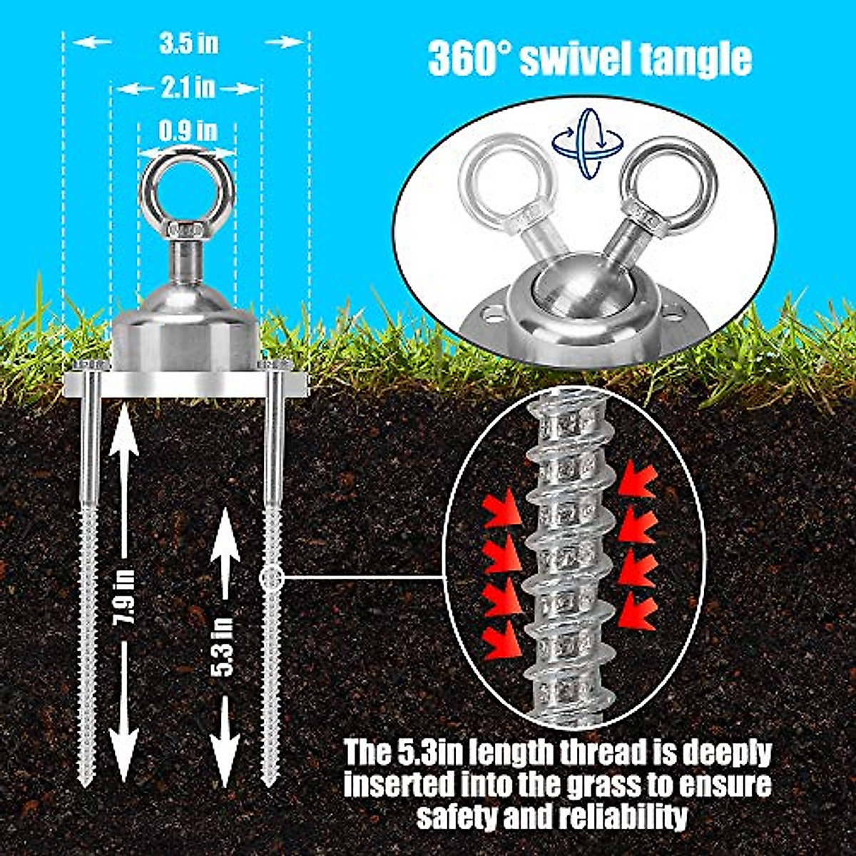 Anipaw 360° Swivel Dog Tie Out Stake, Heavy Stainless Steel Dog Anchor, Yard Stake Rust Proof Dog Tether Hold, 1500 Lbs of Pull Force, Great for Outside Yard Camping Lawn, Suit for Any Kind of Breeds