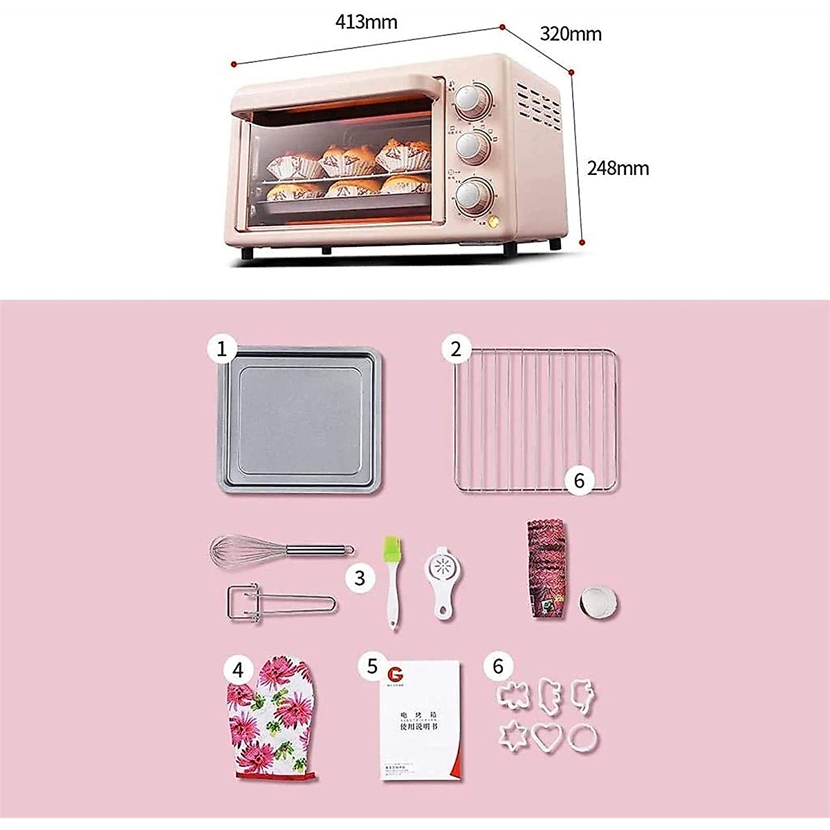 Tabletop Electric Oven 19L Pink Mini Oven Adjustable Temperature 0-240℃ and 60 Minutes Timer 3 Heating Modes Home Baking Cake Barbecue Electric Oven