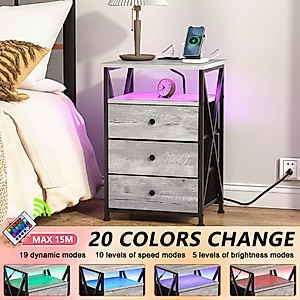 Tantmis Nightstands Set of 2, Modern Design, LED Light, Night Stand with Charging Station, 3 Drawers, Grey, 23.62x15.75x13.78 inches
