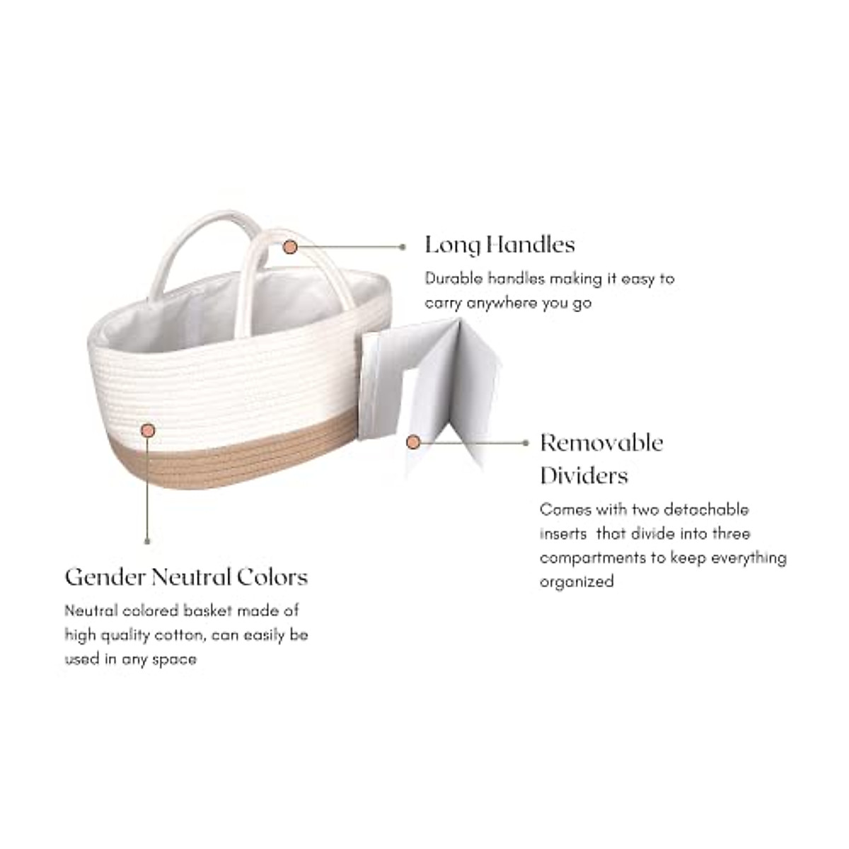 Mila Millie Baby Large Cotton Rope Diaper Caddy | Organizer Storage Bin for Nursery Essentials | Portable Bag for Changing Table and Car | 100% Natural Cotton | Eco friendly (White & Biege) 15.5x10x7 Inch (Pack of 1)