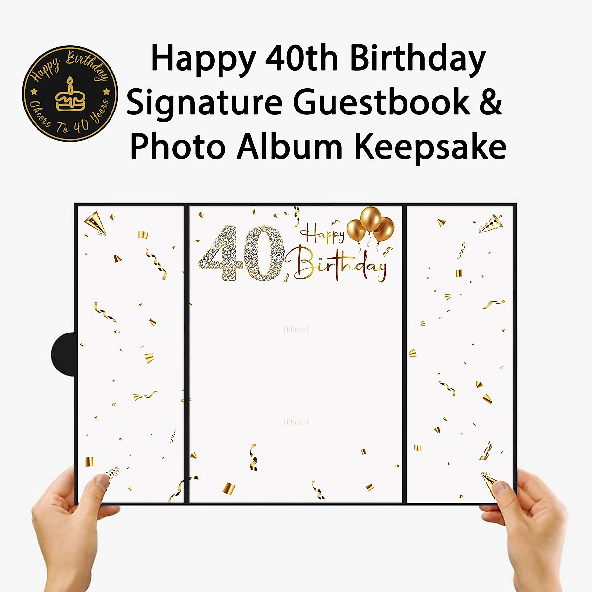 DARUNAXY Black Gold 40th Birthday Party Decorations, Happy 40th Birthday Alternative Signature Guest Book for Men Women 40 Years Old Table Sign Picture Frame Gift 40 Birthday Card Board Party Supplies