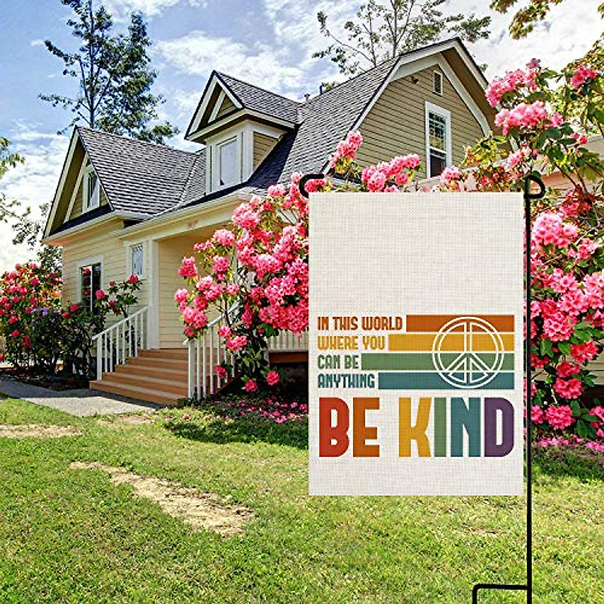 pingpi Be Kind Garden Flag, Faux Burlap Garden Flag with Rainbow and Peace Sign, in A World Where You Can Be Anything Be Kind Quote Garden Decor 12.5 X 18 inch