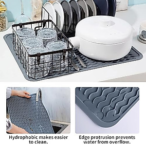 Silicone Dish Drying Mat - 2 Packs of Non-Slip Silicone Mat Easy Clean Drying Mat Large Heat-Resistant Dish Drainer Mat for Kitchen Counter, Sink, Refrigerator or Drawer Liner(16"x12", 12''x 6'' GREY)