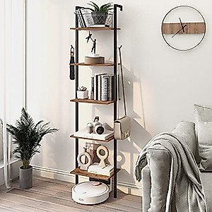 Tohomeor Industrial Bookshelf Wall Mounted 5-Tiers Ladder Shelf Wooden and Metal Narrow Thin Bookshelf Open Display Storage Rack for Living Room Bedroom Home Office (Rustic Brown, Small)