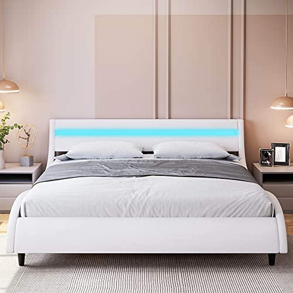 Keyluv Modern Upholstered Platform Bed Frame with LED Lights Headboard, Faux Leather Wave-Like Platform Bed Frame,Strong Wood Slats Support, Easy Assembly, Queen, White