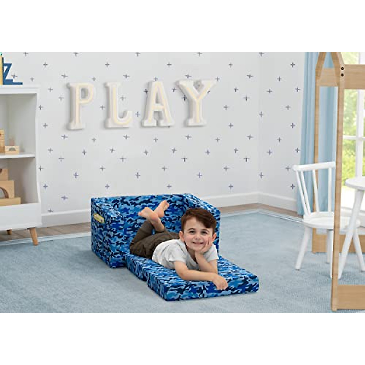 Delta Children Cozee 2-in-1 Convertible Sofa to Lounger - Comfy Flip Open Couch/Sleeper for Kids, Blue Camo