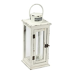 Rustic White Lantern Candle Holder 15In Tall, Hanging Farmhouse Wood Decorative Outdoor Lanterns for Wedding Decor, Hurricane Glass LED Fireplace Table Centerpiece Christmas, Style 1,