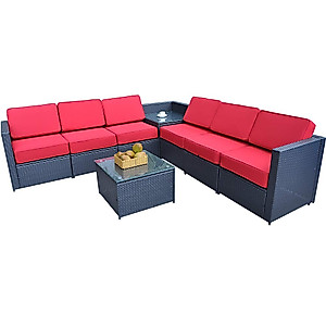 MCombo Outdoor Patio Black Wicker Furniture Sectional Set Resin Rattan Chair Conversation Sofas with Cushion Covers 6085-1008 (Red)