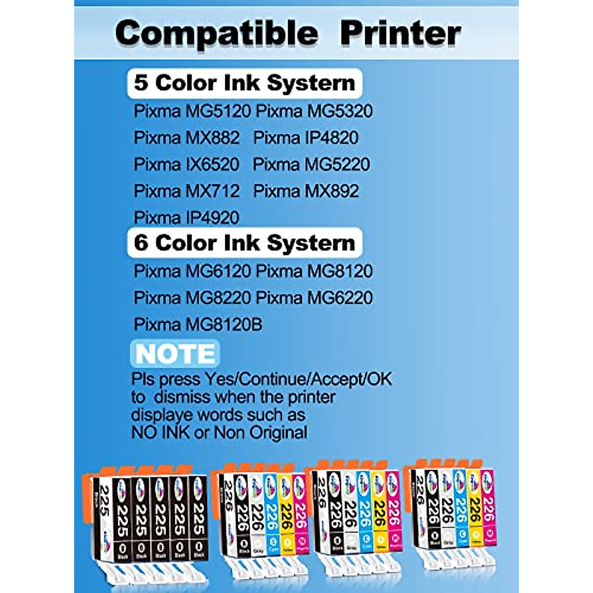 KINGWAY Compatible Ink for Canon Ink 226 225 Combo Pack, Replacement for Canon 225 226 Ink cartridges use with mg6120 mg5220 mg5320 mg6220 mx892 ix6520 Printer, 20 Pack(5PGBK+3GY+3BK+3C+3M+3Y)