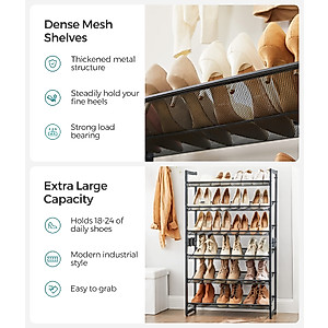 SONGMICS 6-Tier Shoe Rack Storage, Metal Shoe Organizer Stand for Garage, Entryway, Set of 2 3-Tier Stackable Shoe Rack Shelf, with Adjustable Flat or Angled Shelves, Holds 18-24 Pairs, Grey