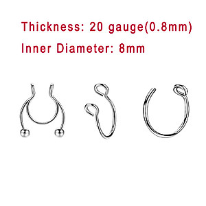 JOFUKIN 6pcs Silver Stainless Steel Fake Nose Ring Flexible Fake Septum Ring Non Pierced Fake Horseshoe Septum Piercing Clip On Nose Rings