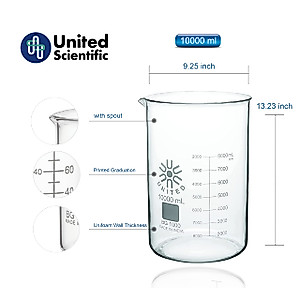 United Scientific™ BG1000-10000 Borosilicate Laboratory Grade Glass Beakers| Griffin Style Low Form Beaker | Graduated with Spout | Designed for Laboratories & Chemistry Classrooms| 10000mL Capacity