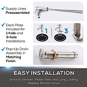 Mueller Premium Single-Hole Bathroom Sink Faucet, Single-Handle with Drain Assembly, Deck Plate for 1-Hole and 3-Holes Installations, Stainless Steel Brushed Nickel Finish, Supply Lines Preassembled