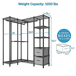 VIPEK L40S i1 L Shaped Heavy Duty Garment Rack Clothes Rack for Hanging Clothes Corner Closet Organizers Freestanding Wardrobe with Drawer Clothing Rack, Load Capacity 1050 LBS, Black