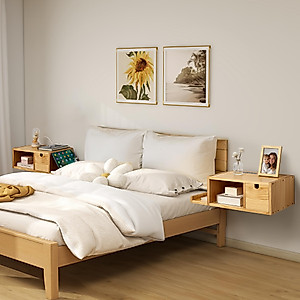 Afuly Floating Nightstand with Charging Station, Modern Night Stand with Drawer Wall Mounted Bedside End Table, Solid Wood Nightstand Side Table Shelf for Bedroom Natural Wooden Decor