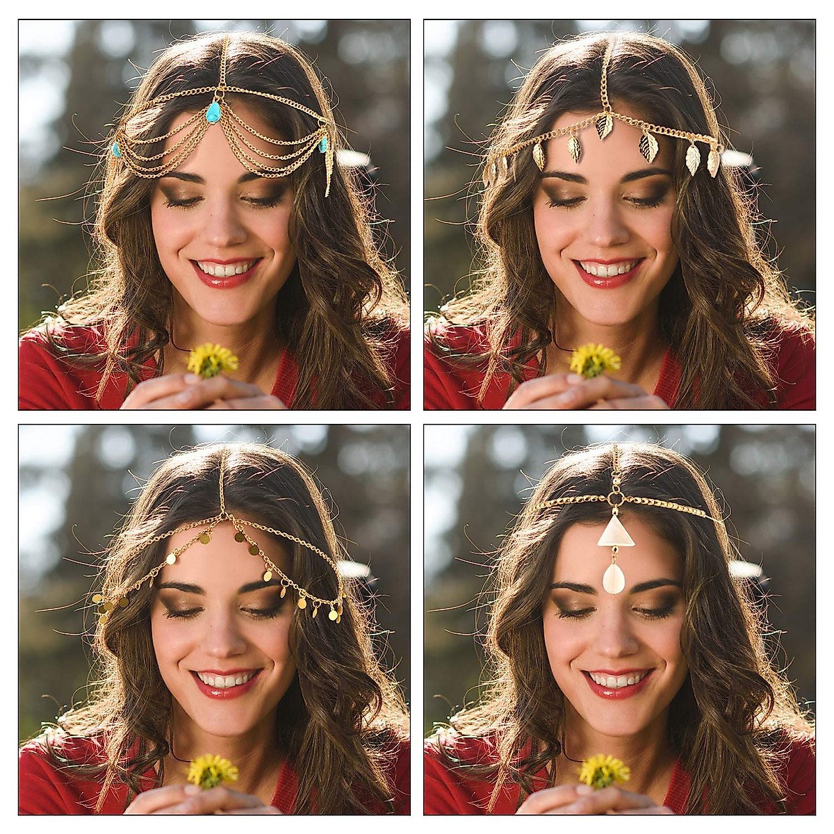 WILLBOND 8 Pieces Gold Head Chain Jewelry Halloween Boho Headband Coins Pearl Tassel Chain Hair Band Festival Prom Wedding Headpiece for Women(Cute Style)