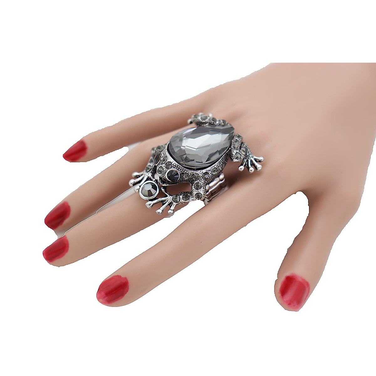 Women Fashion Jewelry Frog Ring - Silver Color Metal One Size Elastic Band Big Animal