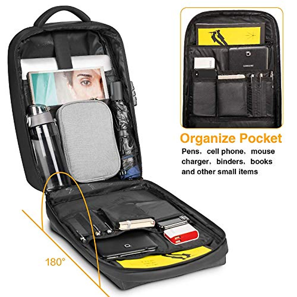 Anti Theft Hard Shell Laptop Backpack 15.6 Inch, Waterproof Expandable Business Computer Backpack with USB Charging Port and Lock for Men, Women Durable College Student Bookbag Travel Daypack, Black