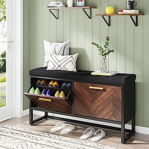 Tribesigns Storage Bench With Seat Cushion, Entryway Shoe Bench With 2 Flip Drawers, Hallway Cabinet, Hidden Organizer for Living Room, Bedroom, Mudroom, Black