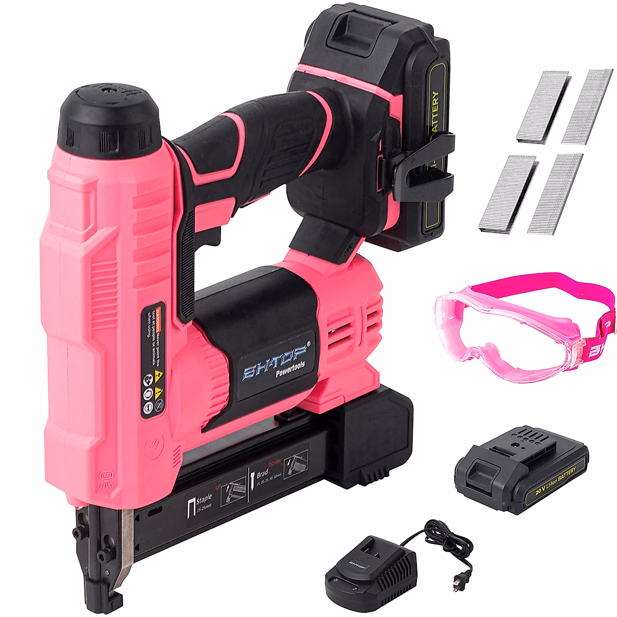 BHTOP 20V Cordless Brad Nailer＆Stapler, 18 Gauge 2 in 1 Stapler Kit, Heavy Finish Nail Gun with 2.0A Rechargeable Battery, Charger, 2500 Brad Nails and 500 Staples in Pink