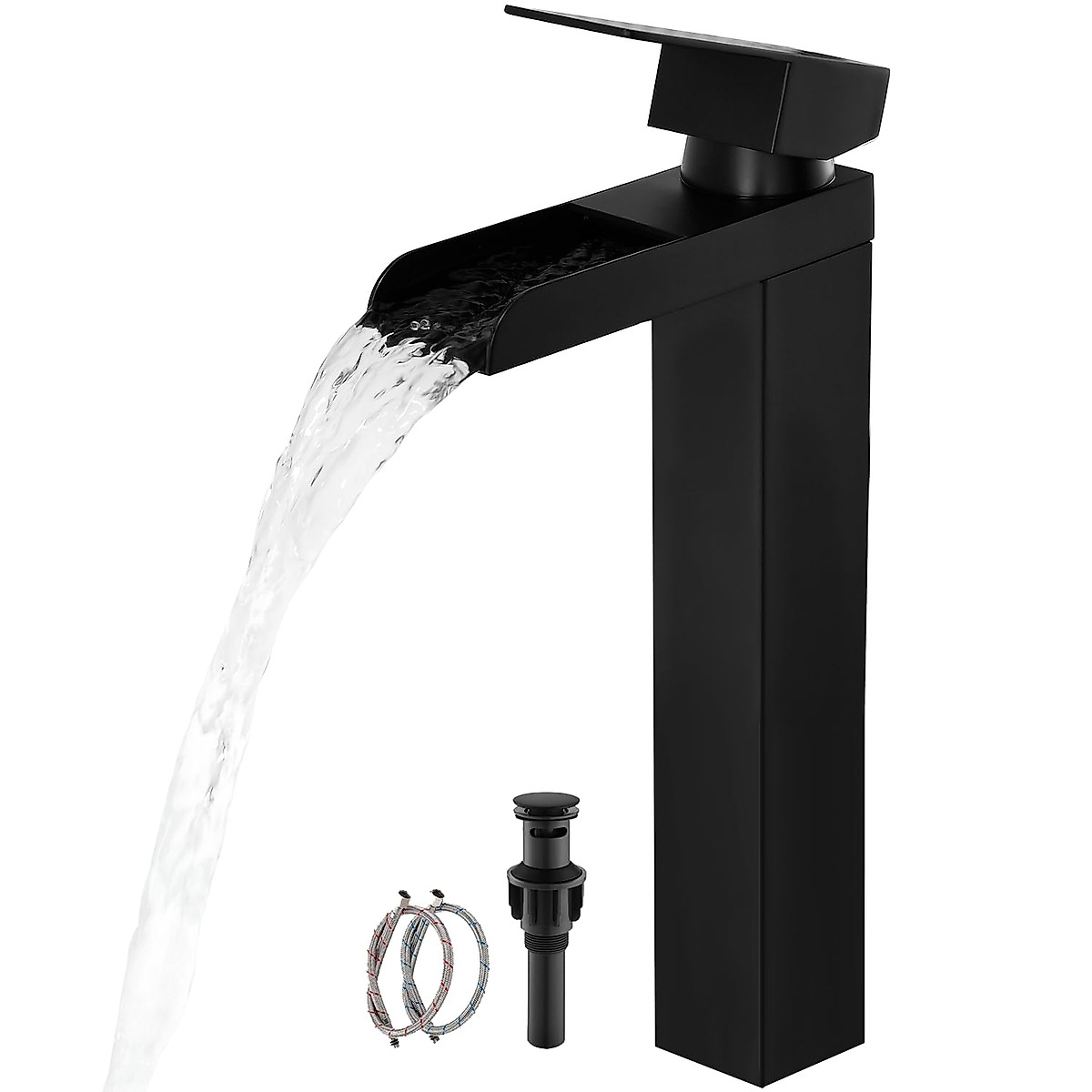 Black Tall Waterfall Bathroom Faucet, Single Hanlde Vessel Sink Faucet with Waterfall Spout, Bathroom Faucets for 1 Hole, RV Lavatory Vanity Mixer Bar Tap with Pop Up Drain and Hoses KMBF015B