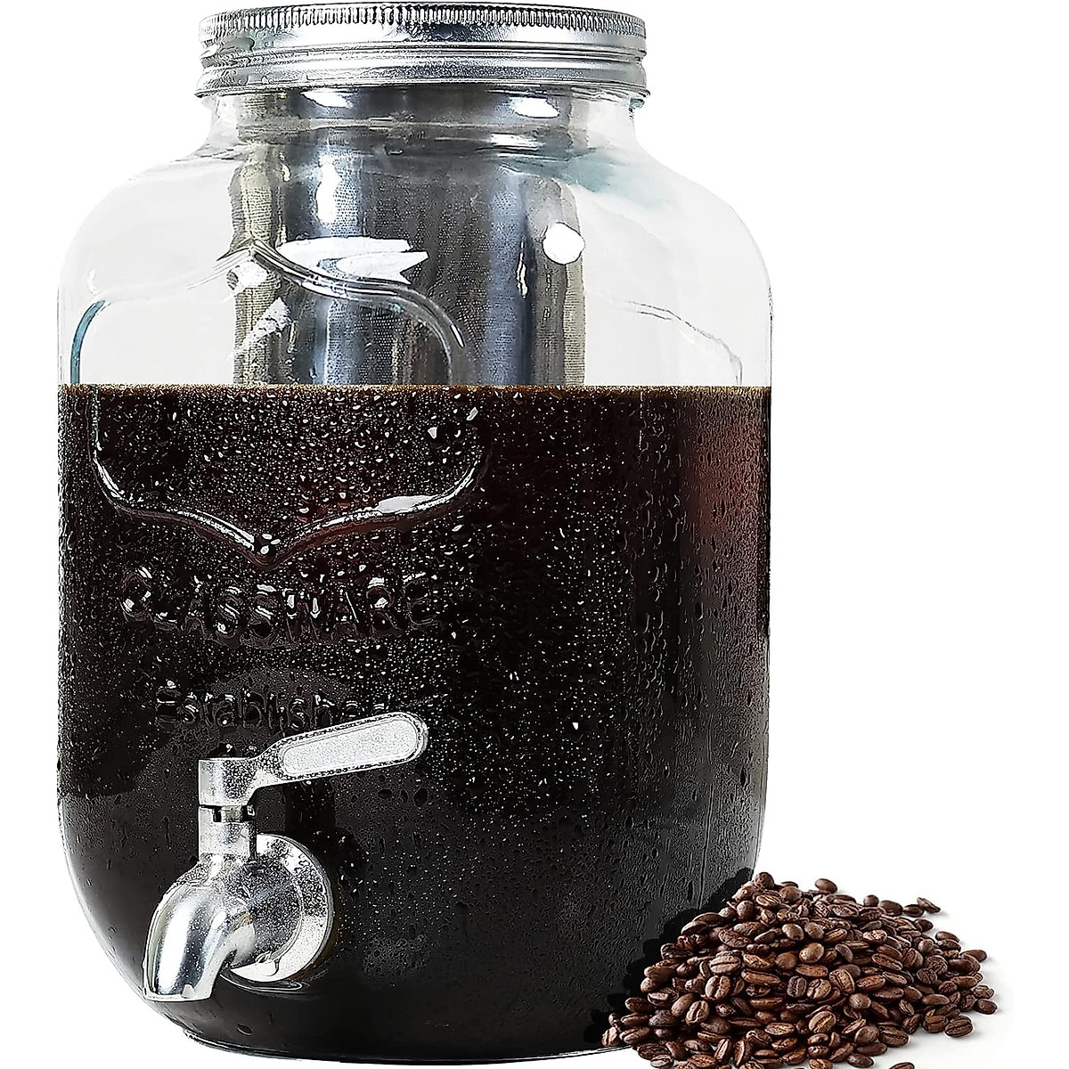 Homtone 1 Gallon Cold Brew Coffee Maker Dispenser, Cold Brew Coffee Kit with Stainless Steel Spigot, Iced Coffee Beverage Dispenser, Reusable Cold Brew Mason Jar for Home Fridge
