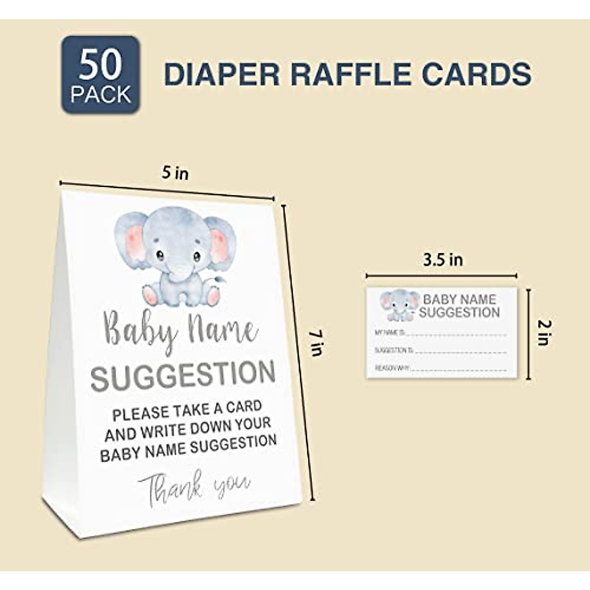 Yuansail Baby Name Suggestion For Baby Shower Games, Elephant Themed Name Suggestion Game Card, Party Favors Supplies Decorate For Baby Showers Game Cards, 1 Sign & 50 Cards Per Pack –(bbname-010)