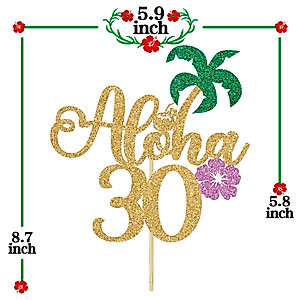 Gold Glitter Aloha 30 Cake Topper, Hello 30/Cheers to 30 Years/Happy 30th Birthday/Anniversay, Tropical Hawaiian Themed 30th Anniversary/Birthday Party Decorations