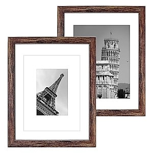 Q.Hou 11x14 Picture Frames Wood Patten Rustic Brown Set of 2, Each Frame with 2 Mats,Display A4 or Five 5x7 Photos with Mat & 11x14 Picture Without Mat for Wall Mount (QH-PF11X14-BR)