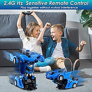 Kizeefun Remote Control Car, Rechargeable Transformable Remote Control Car for Boys and Girls with Flashing Lights and 360°Rotation, 1:18 RC Stunt Car for Kids Included 2 Rechargeable Batteries
