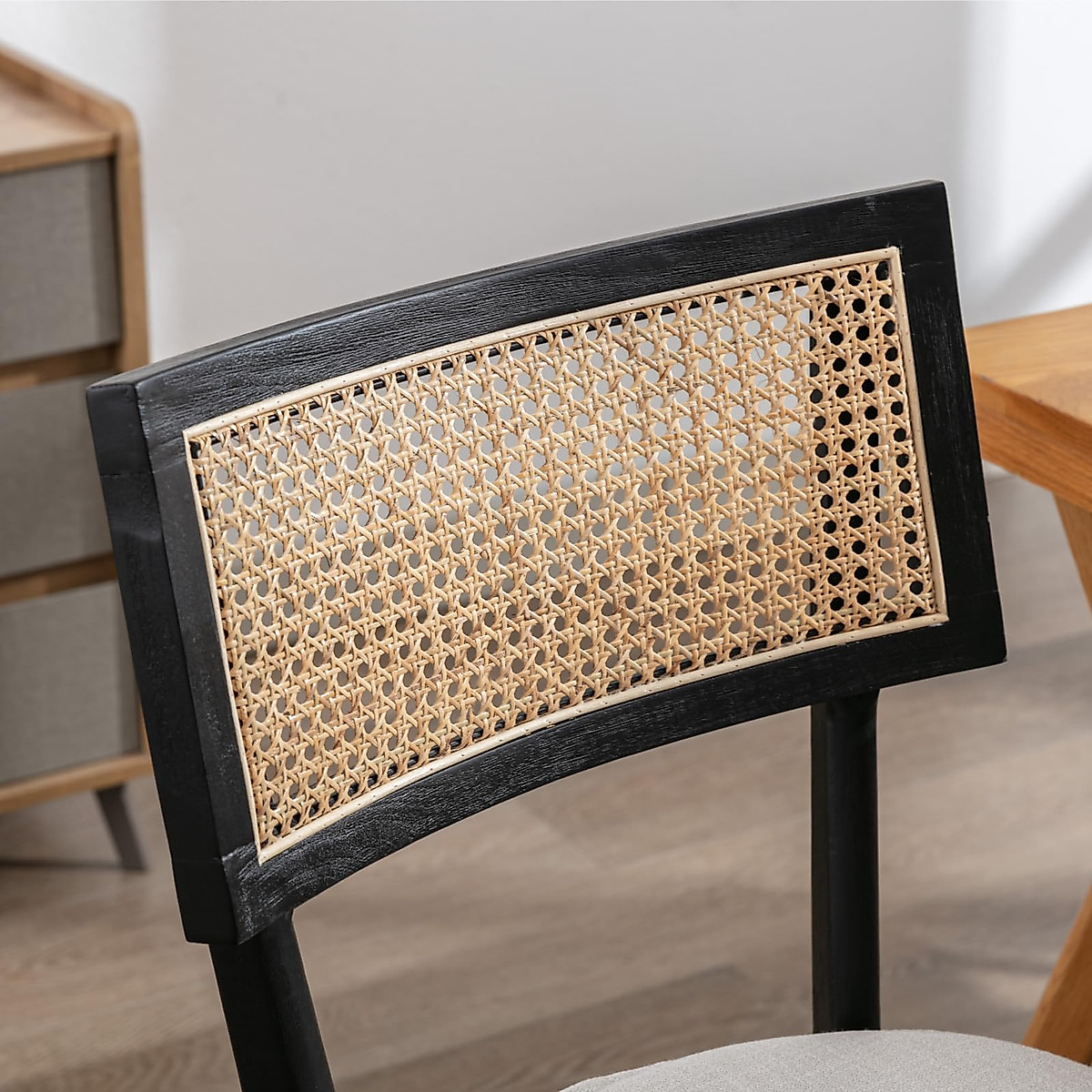 Guyou Black Rattan Dining Chairs Set of 4, Linen Upholstered Farmhouse Dining Chairs with Cane Back, Wood Kitchen Dining Chairs with Removable Cushion, Armless Cane Dining Chair for Dinner Living Room