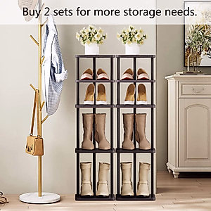 SORCEDAS Shoe Rack Vertical Narrow Shoe Shelf Storage 5 Tier Corner Shoe Organizer for Closet Entryway Garage(Black + Rustic Dark Brown)