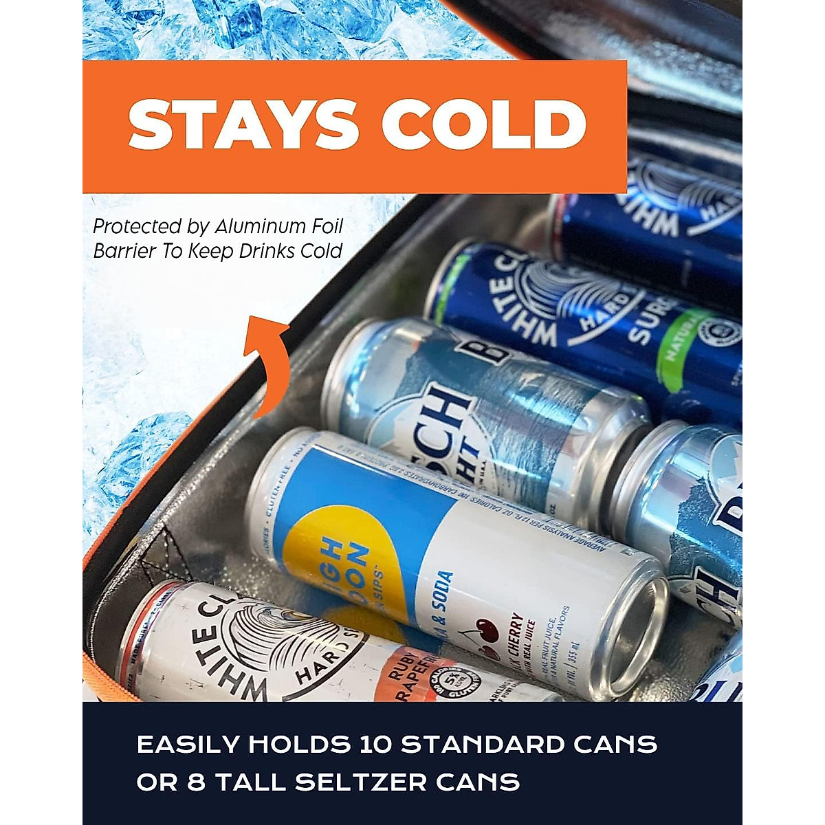 Quick 10 Insulated Carrying Case Cooler Bag for Beers, Wine and Beach - Open Flap to Quick Access 10 Cans - Includes Large Below Zero Gel ICE Pack Cools for 24 Hours - Perfect for Drinks, Beverages