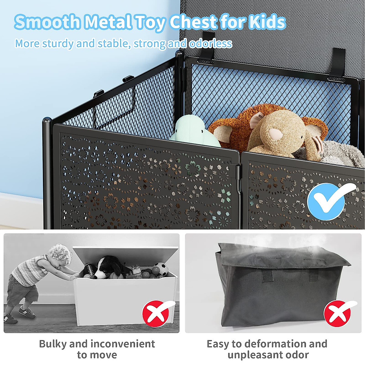 PHINOX Toy Box Storage, Toy Chest Toy Organizers and Storage Bins, Large Toy Box for Boys Girls, 70L Toy Storage Organizer with Wheels, Collapsible Metal Kids Toy Storage for Nursery, Playroom-2PACK