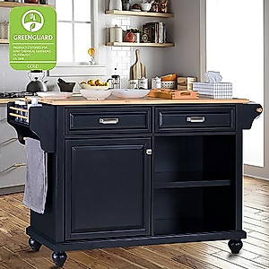 Rolling Kitchen Island Cart with 5 Universal Wheels and 5 Solid Wood Cabinet Feet,Greenguard Gold Certified,Kitchen Island with Rubberwood Drop Leaf-Mobile Kitchen Island with Storage and Drawer,Black
