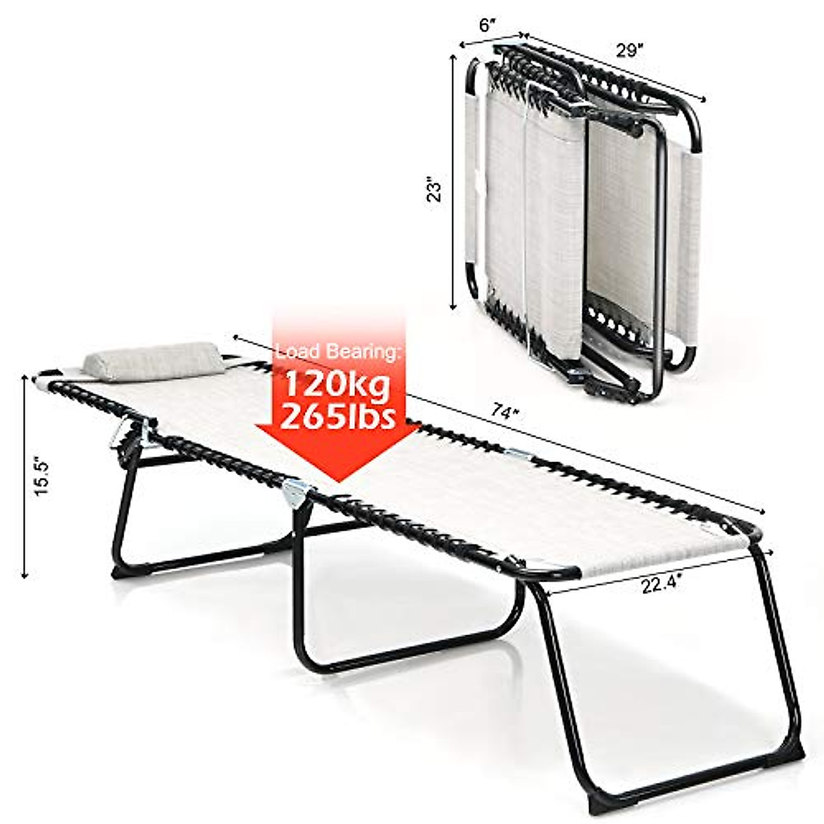 Goplus Beach Lounge Chair, Folding Chaise Lounger with Detachable Pillow & Adjustable 4-Level Backrest & 2-Level Footrest, Sun Bathing Chair for Patio Backyard Garden Outdoor