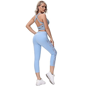 romansong High Waisted Workout Compression Capri Leggings for Women Petite Skinny Mesh Gym Legings with Pockets(Light Blue,Small)
