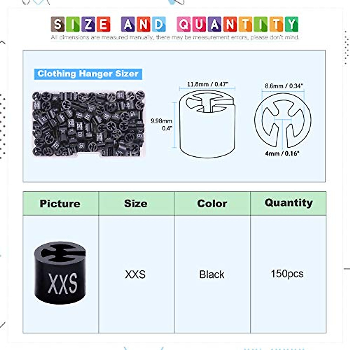 Glarks 150Pcs XXS Black Clothing Hanger Sizer Garment Markers for Clothing Organization in Shops and Closets (XXS-Black-150Pcs)