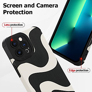 Wlxee iPhone 13 Pro Max Case, Wave Pattern Mobile Phone Case with Camera Protector, Soft Silicone Bumper for Female Girls - Black White