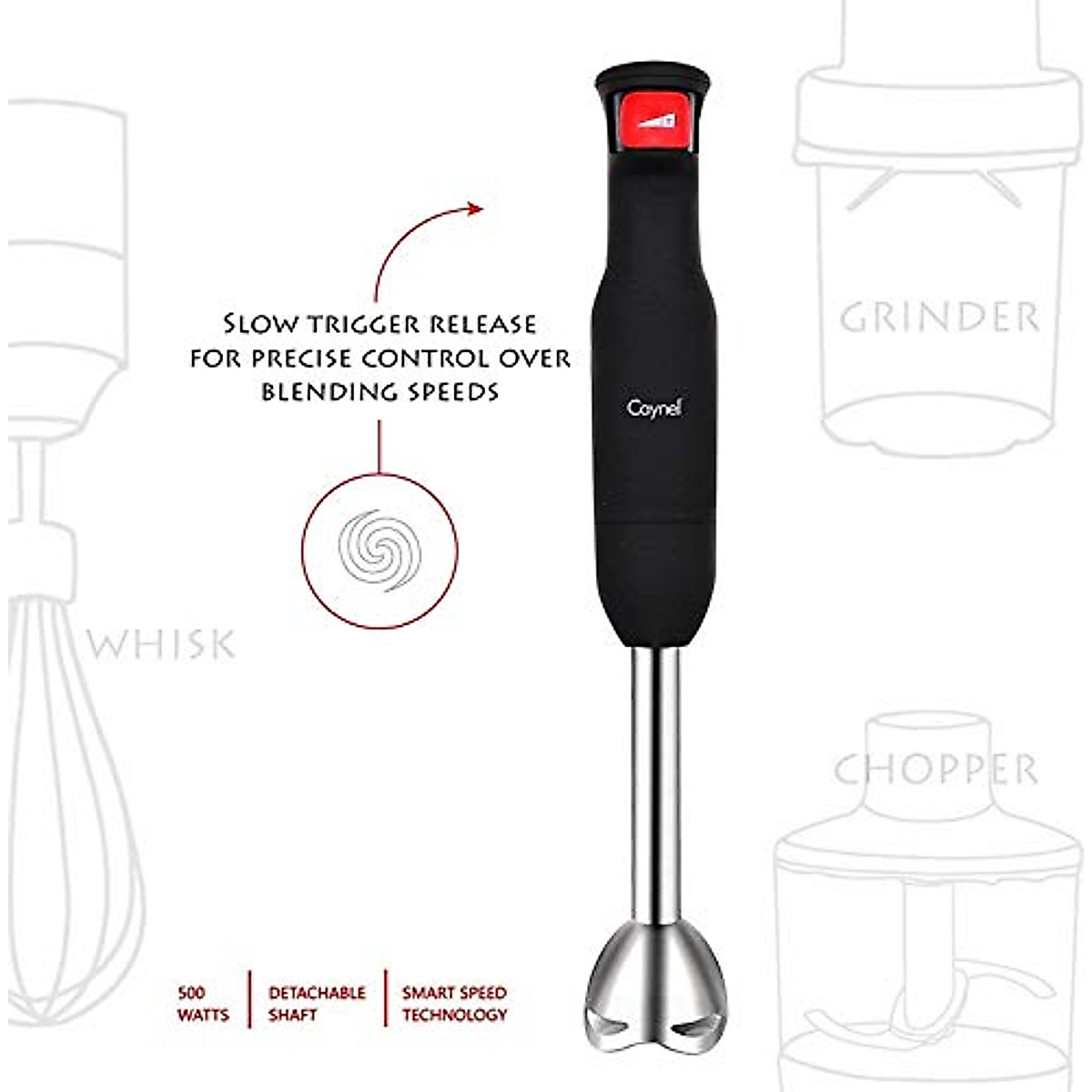 Caynel 500 Watt Immersion Hand Blender, 8 Variable Speeds Control with Turbo Setting, Ergonomic handle Multi-purpose Hand Mixer Pure Copper Motor Stainless Steel （5-in-1）
