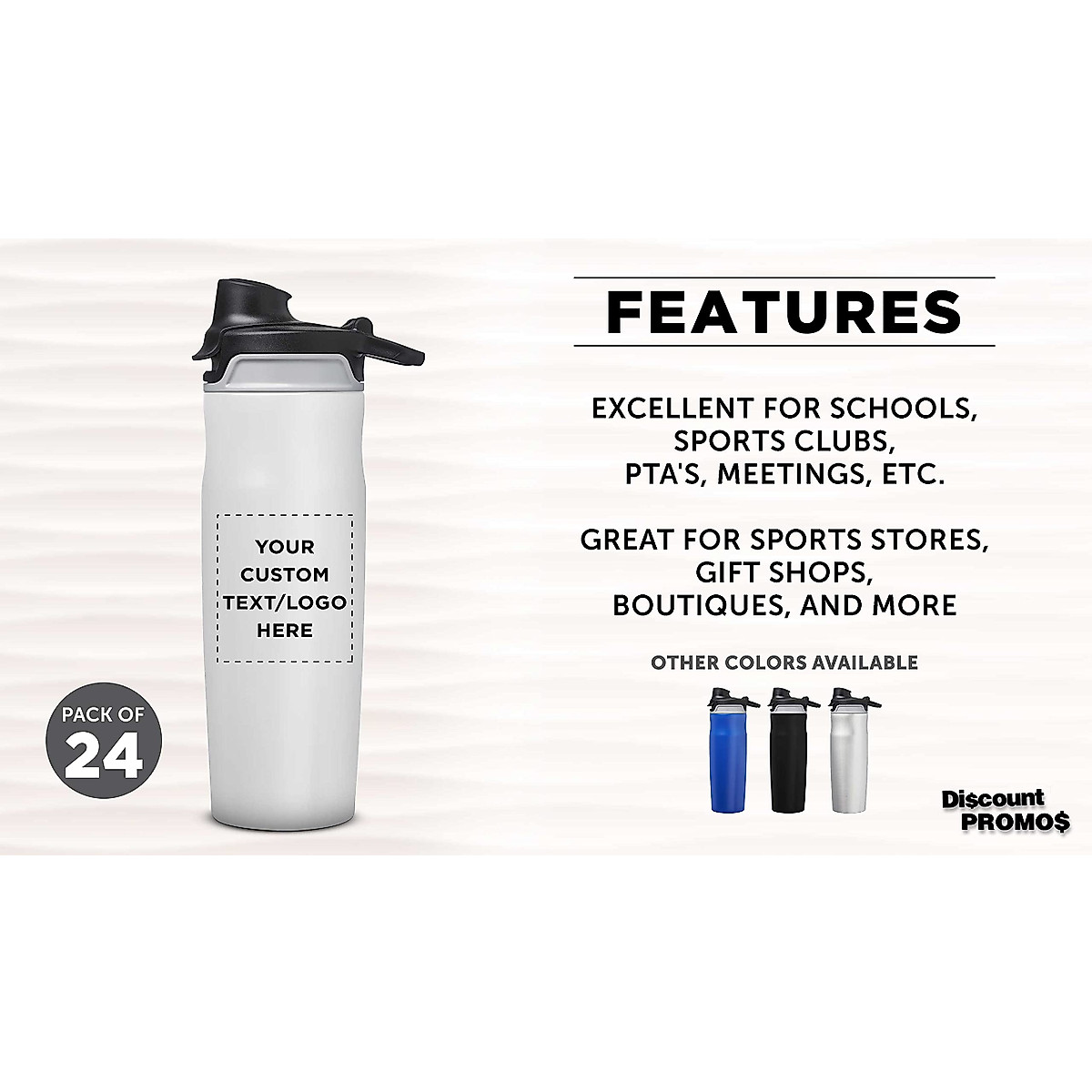 DISCOUNT PROMOS Custom Juno Water Bottles with Flip Lid 20 oz. Set of 24, Personalized Bulk Pack - Reusable, Great for Gym, Hiking, Cycling and for School - White
