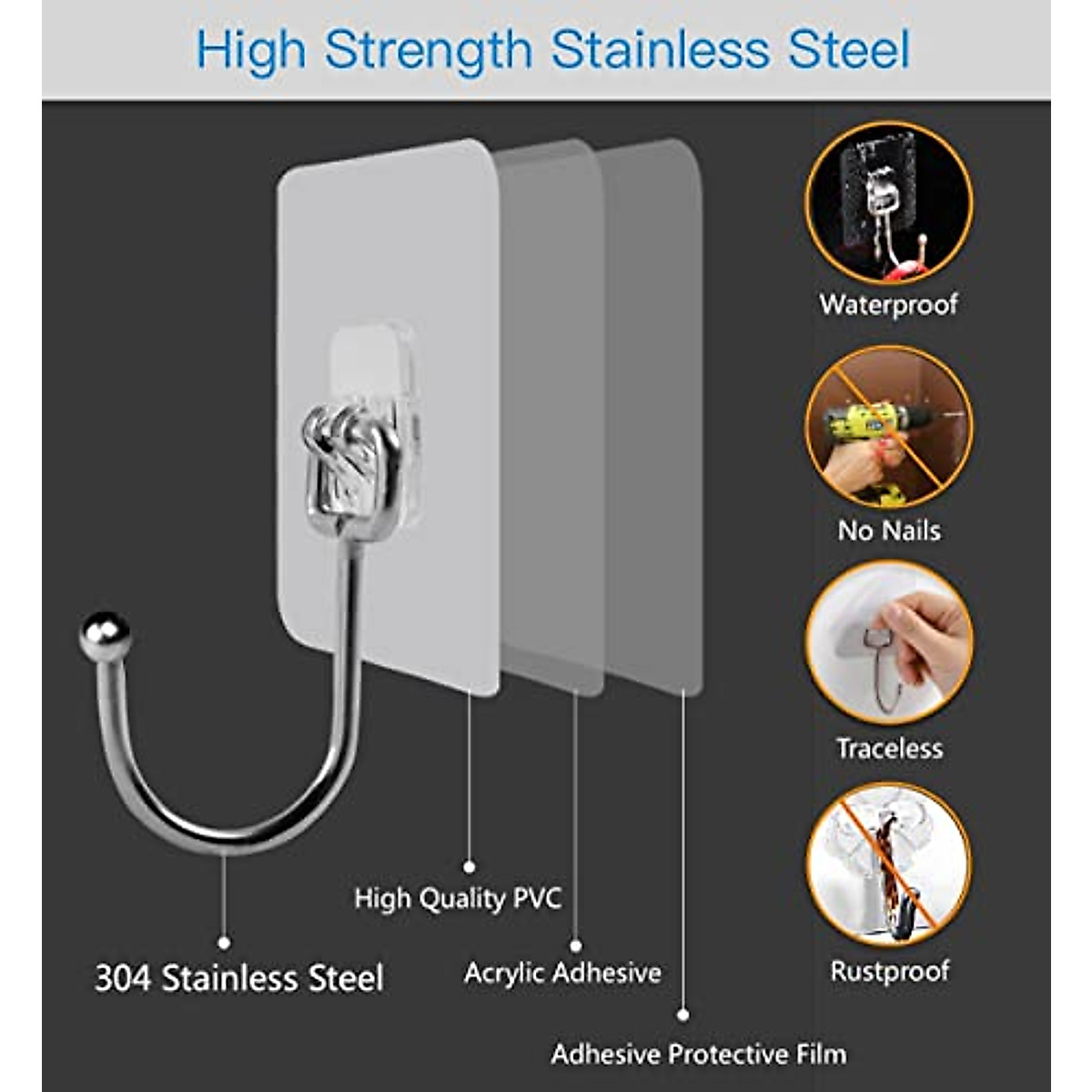 HOOOOXEZ Adhesive Hooks Mini 10 Pack and Plus 8 Pack for Hanging Heavy Duty Wall Hooks 22 lbs Self Adhesive Towel Hook Waterproof Transparent Hooks for Keys Bathroom Shower Outdoor Kitchen